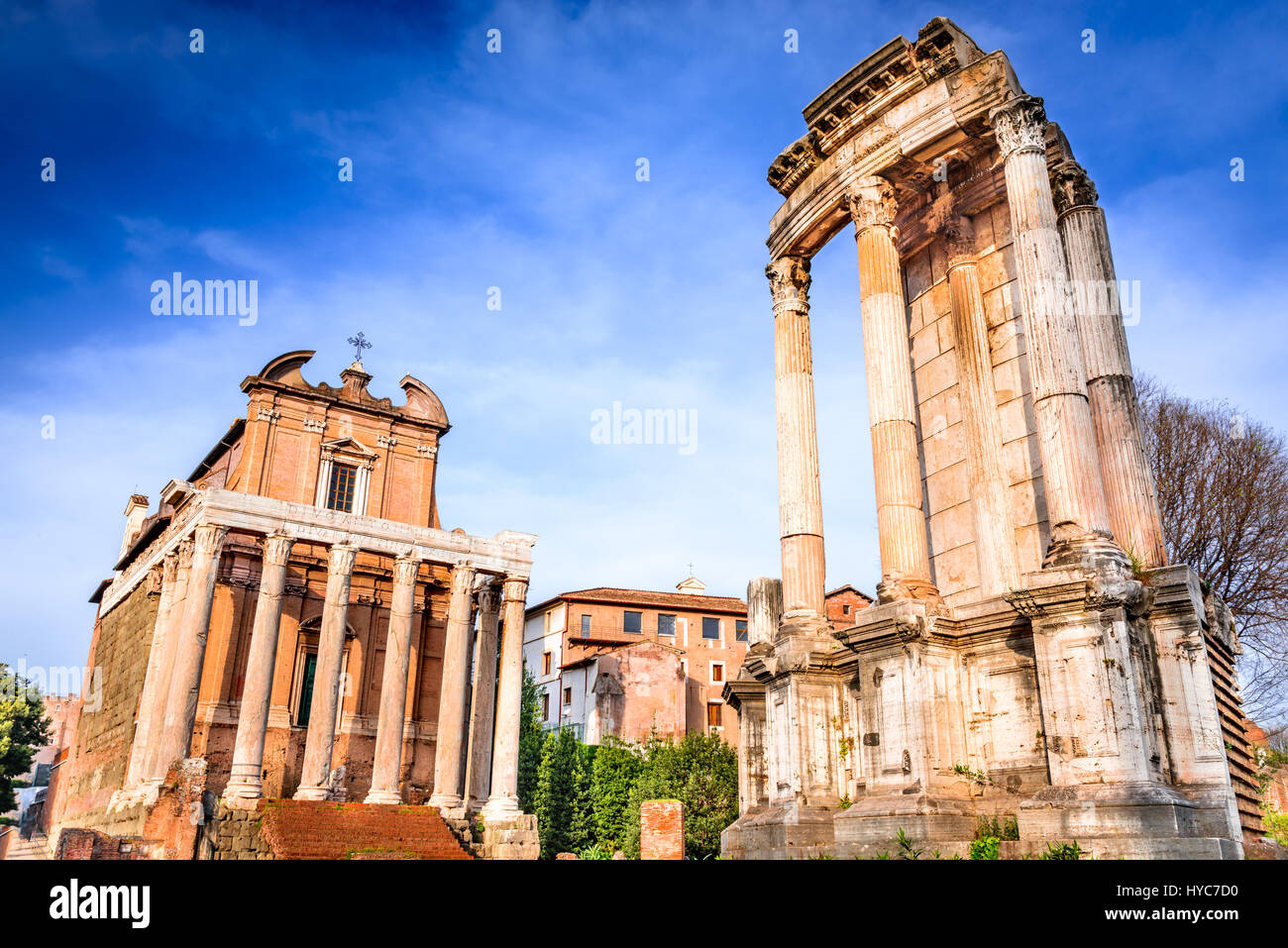 Rome, Italy. Ancient ruins of Roman Forum with Temple of Antoninus Pius ...