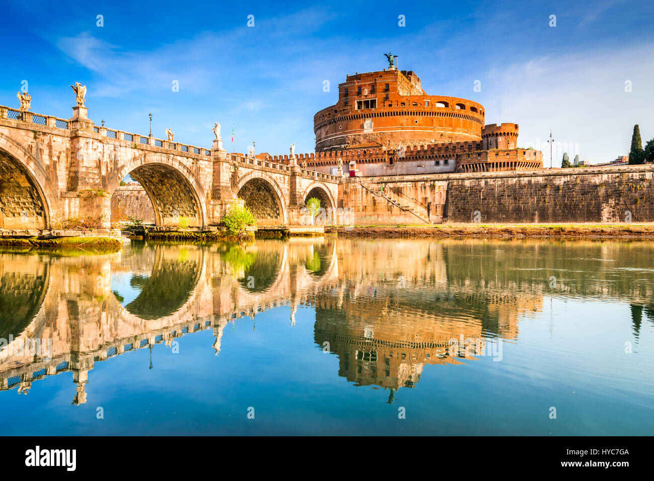 Rome, Italy. Bridge and Castel Sant Angelo and Tiber River. Built by ...