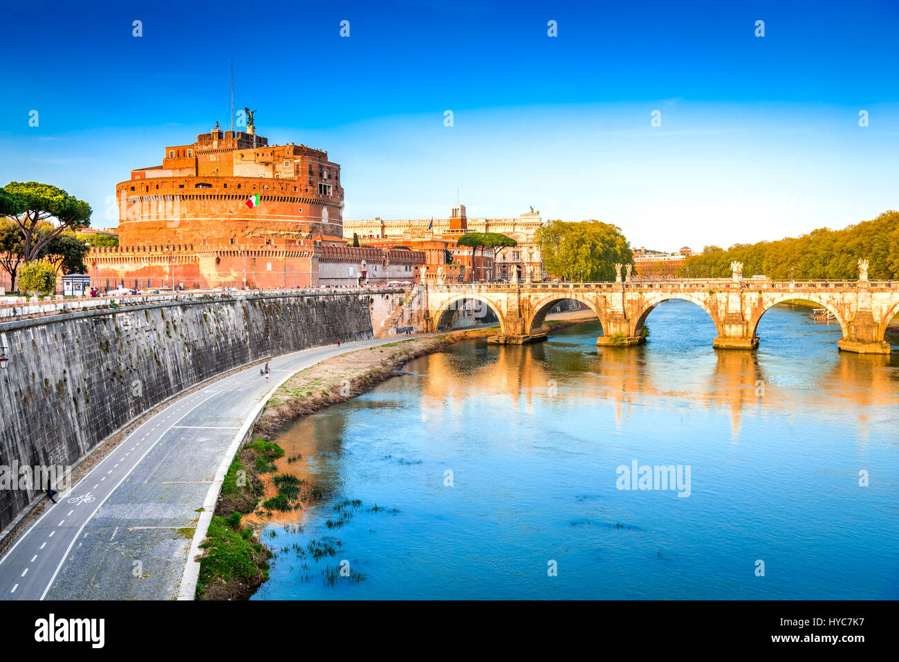 Rome, Italy. Bridge and Castel Sant Angelo and Tiber River. Built by ...