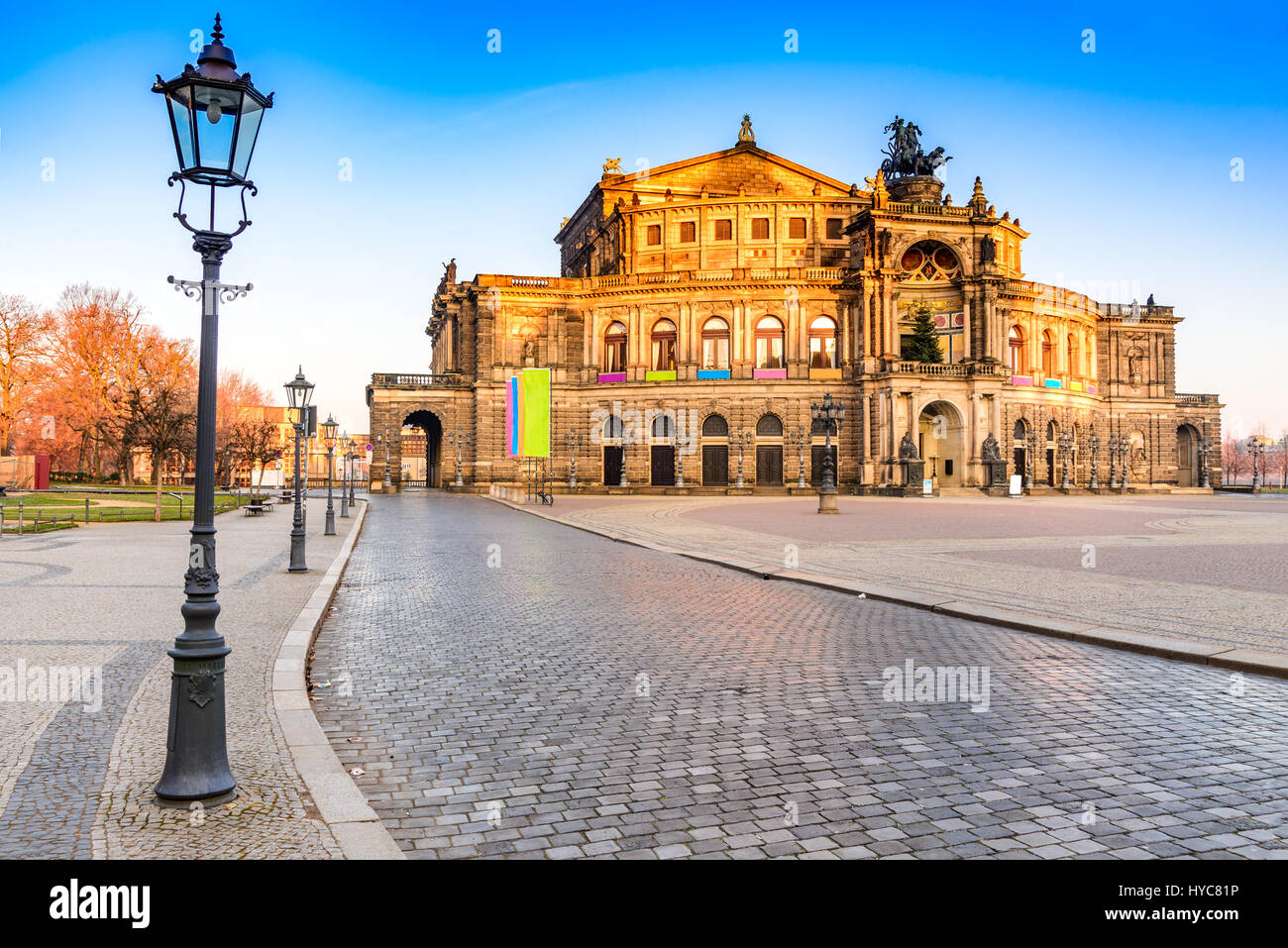 Dresden, Saxony. Opera house of Dresda, on a sunny day with blue sky ...