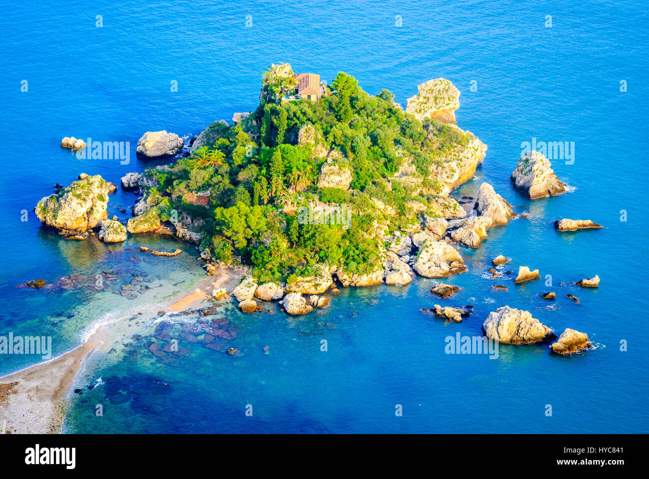 Taormina, Sicily. Sicilian seascape with beach and island Isola Bella ...