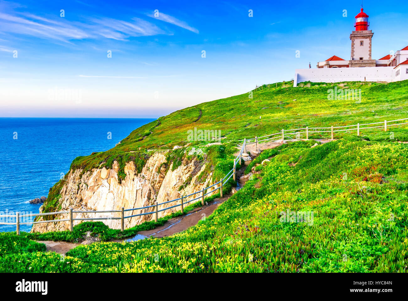 Cabo da Roca, Portugal. Lighthouse and cliffs over Atlantic Ocean, the ...