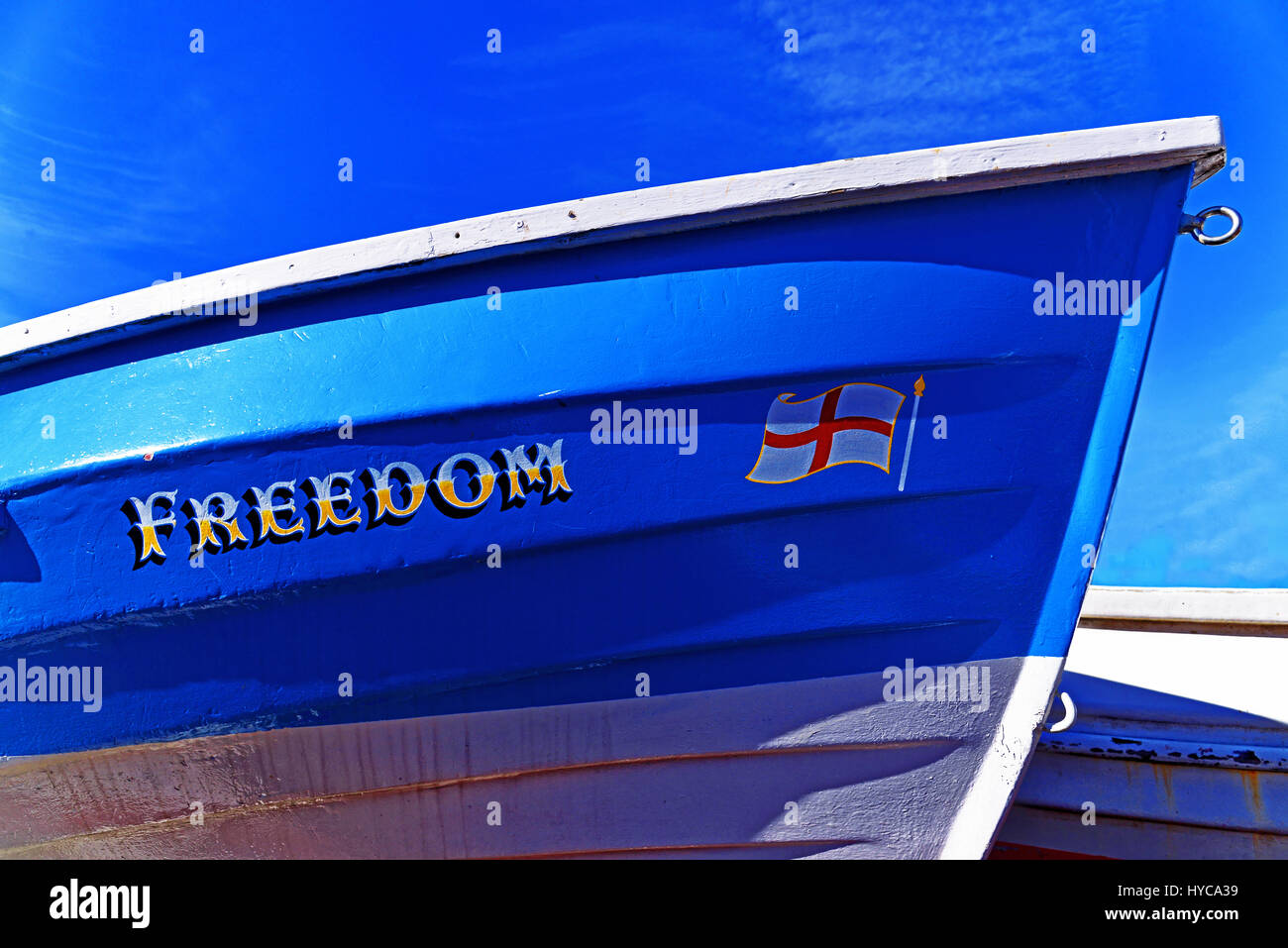 Freedom Cullercoats blue and white fishing coble Stock Photo - Alamy