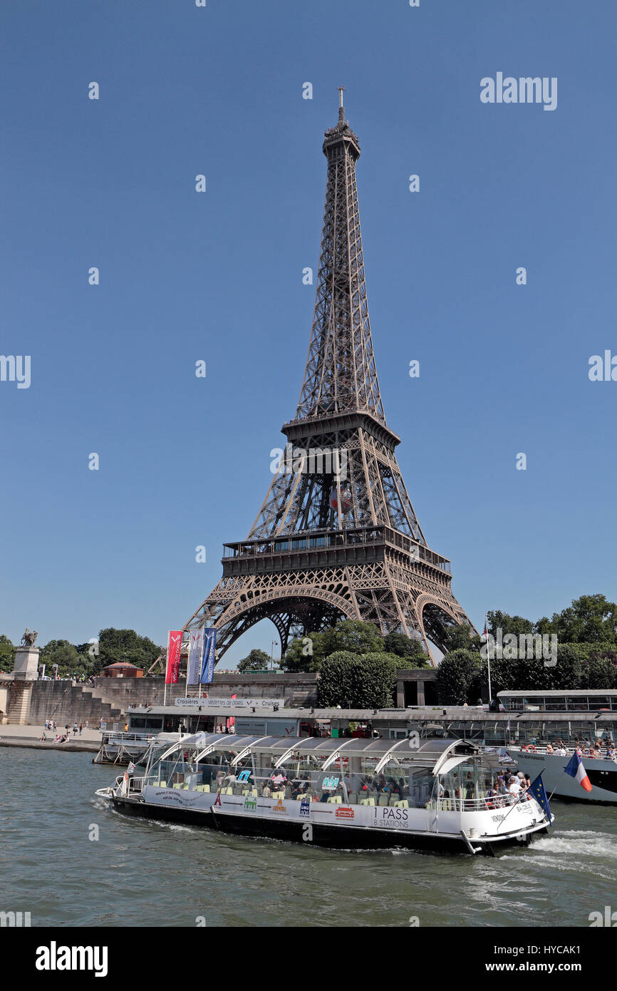 The Eiffel Tower viewed from a tourist boat on the River Seine, Paris ...