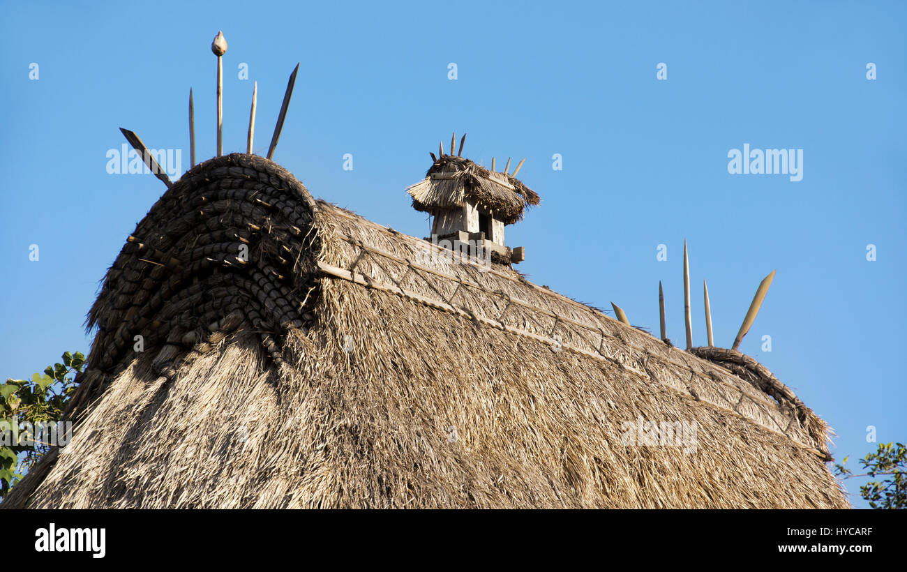 Rooftop detail Bena traditional village with grass huts of Ngada people ...