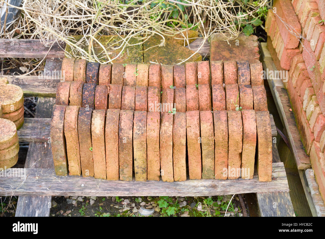 Stack of reclaimed bricks ready to be sold as second hand Stock Photo ...