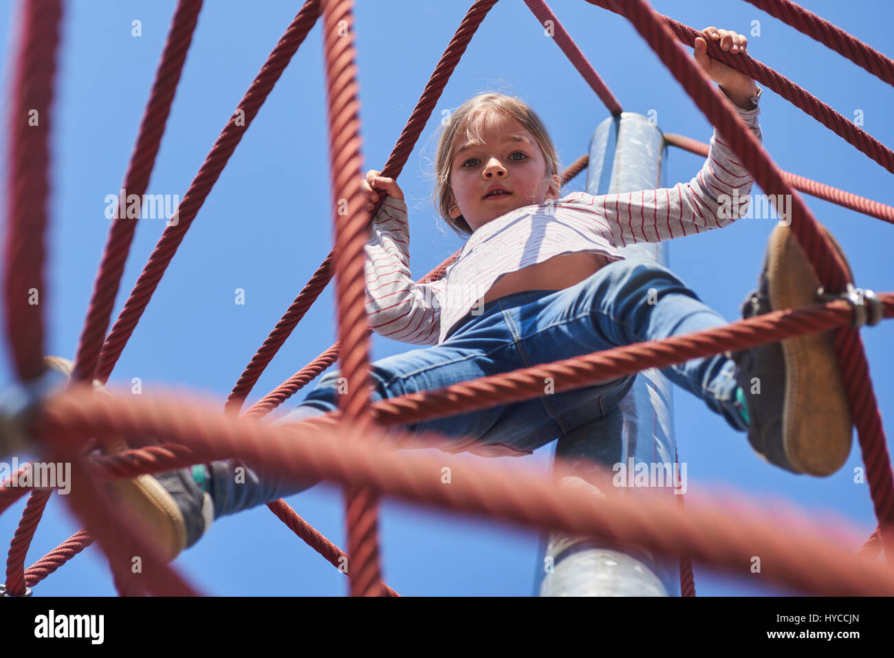 Active young child girl climbing the spider web playground activity ...