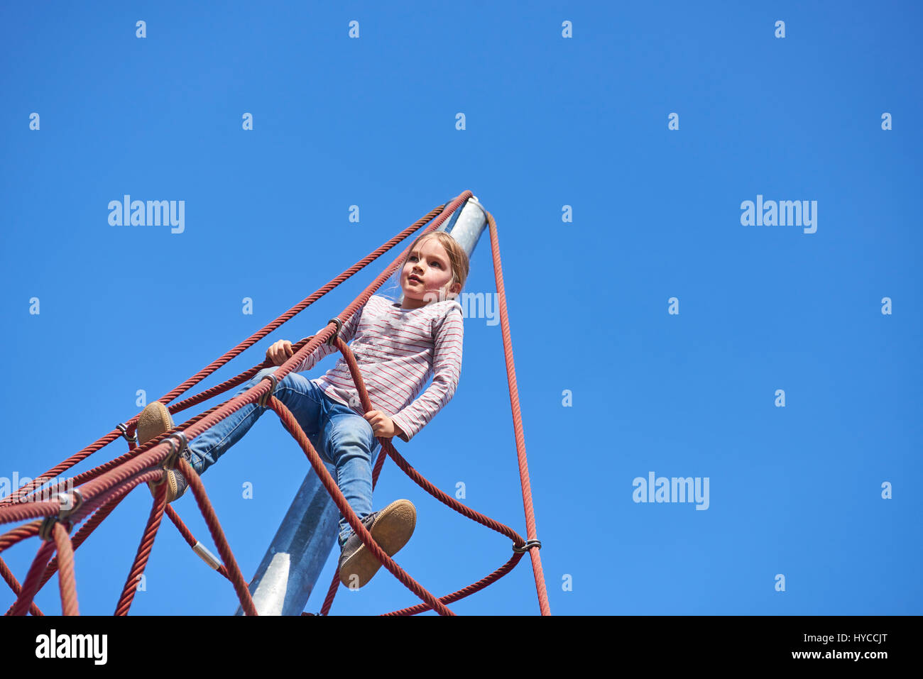 Active young child girl climbing the spider web playground activity ...
