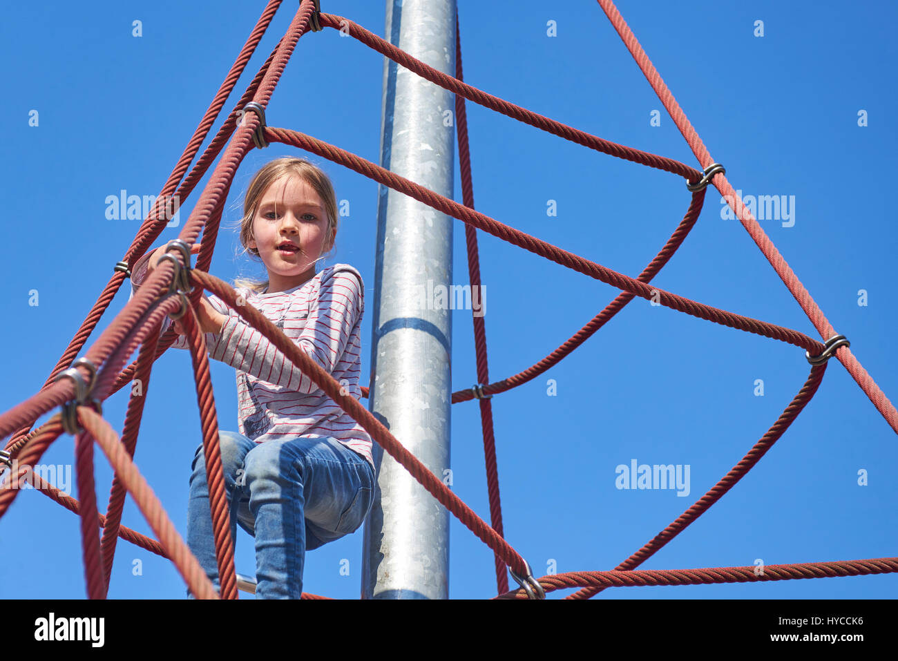 Active young child girl climbing the spider web playground activity ...