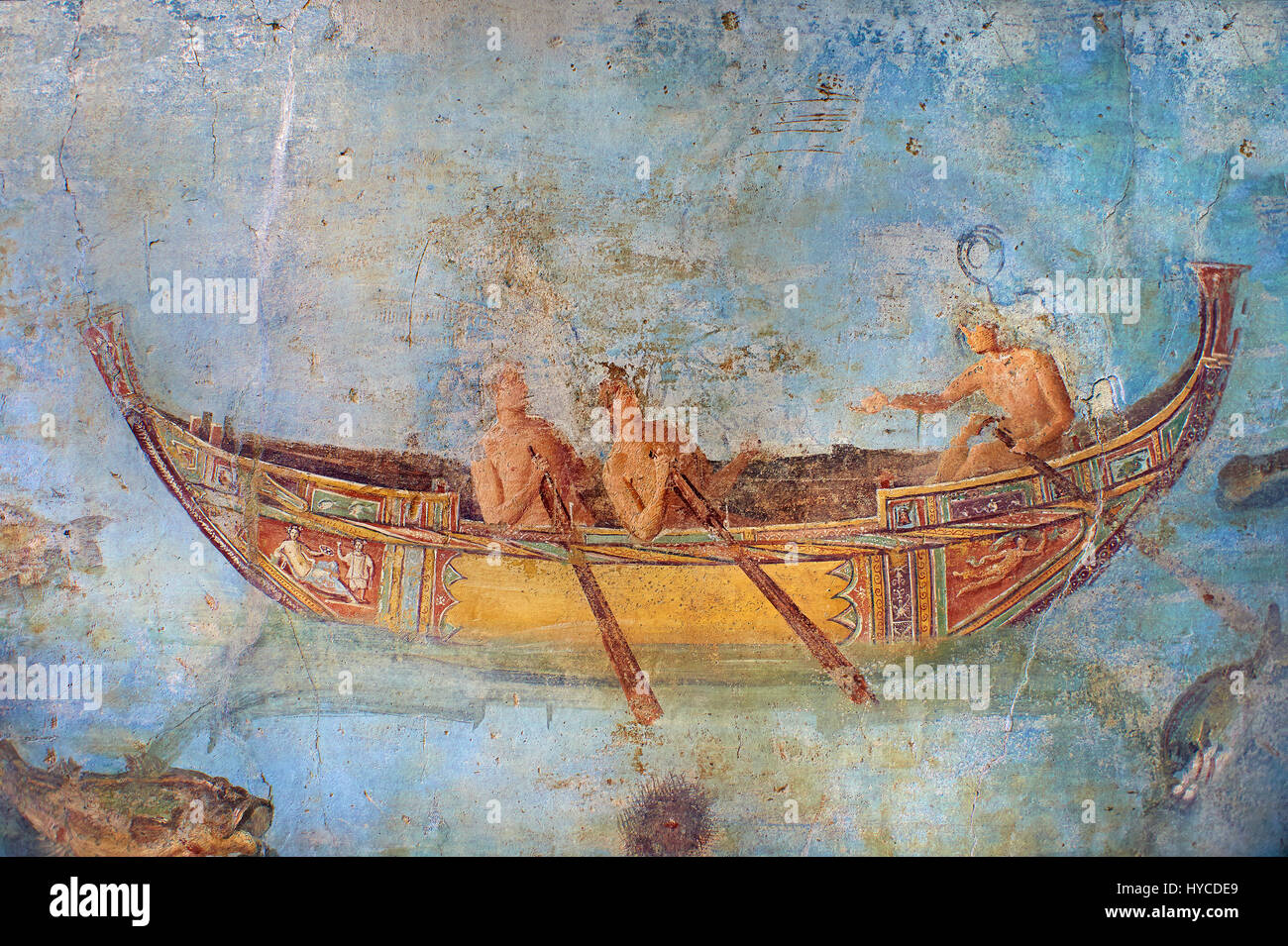 Roman Fresco with a boat decorated for a festival and marine life from ...