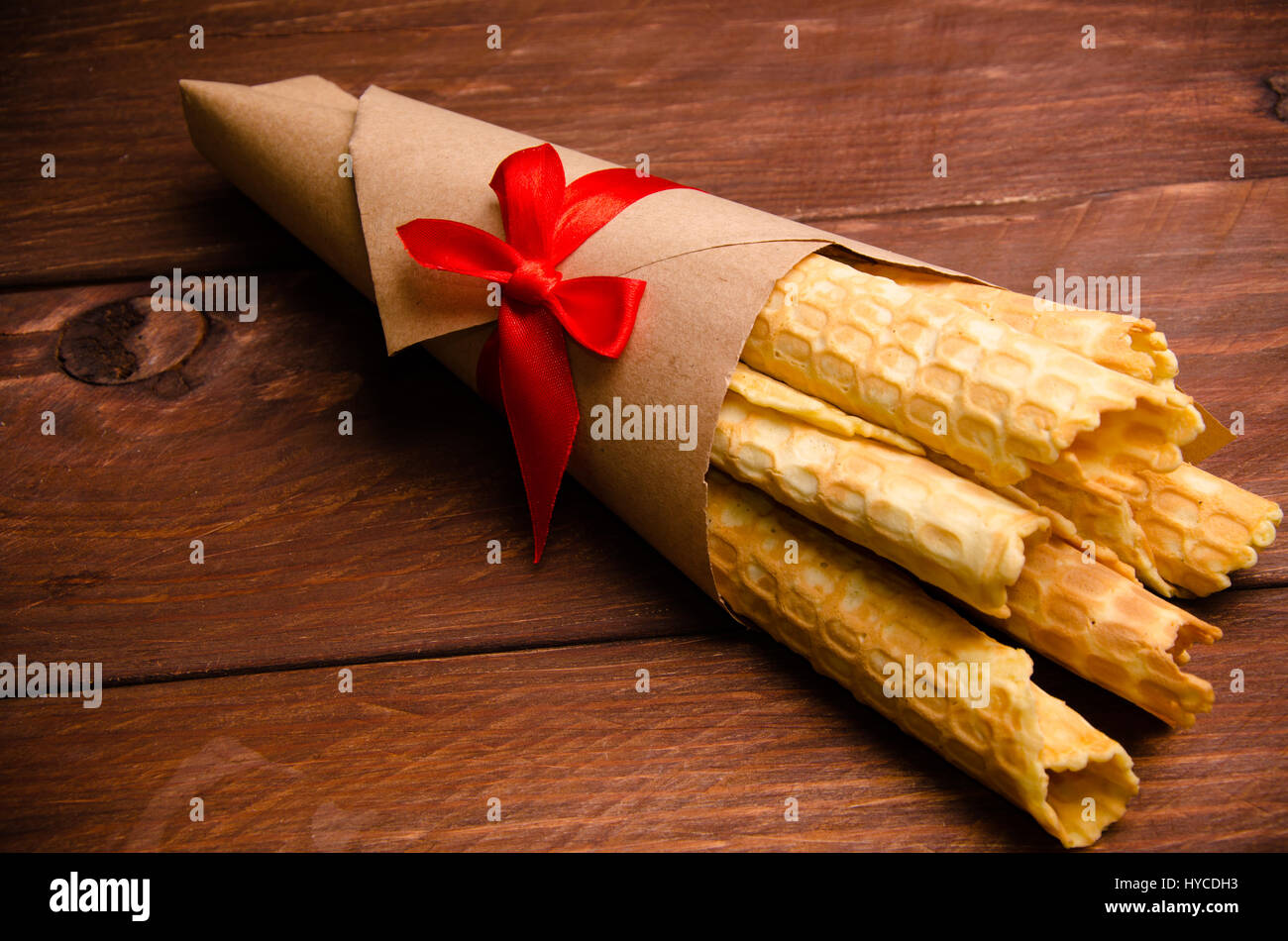 tubular wafer. waffles on wooden boards. a bouquet of waffles Stock ...
