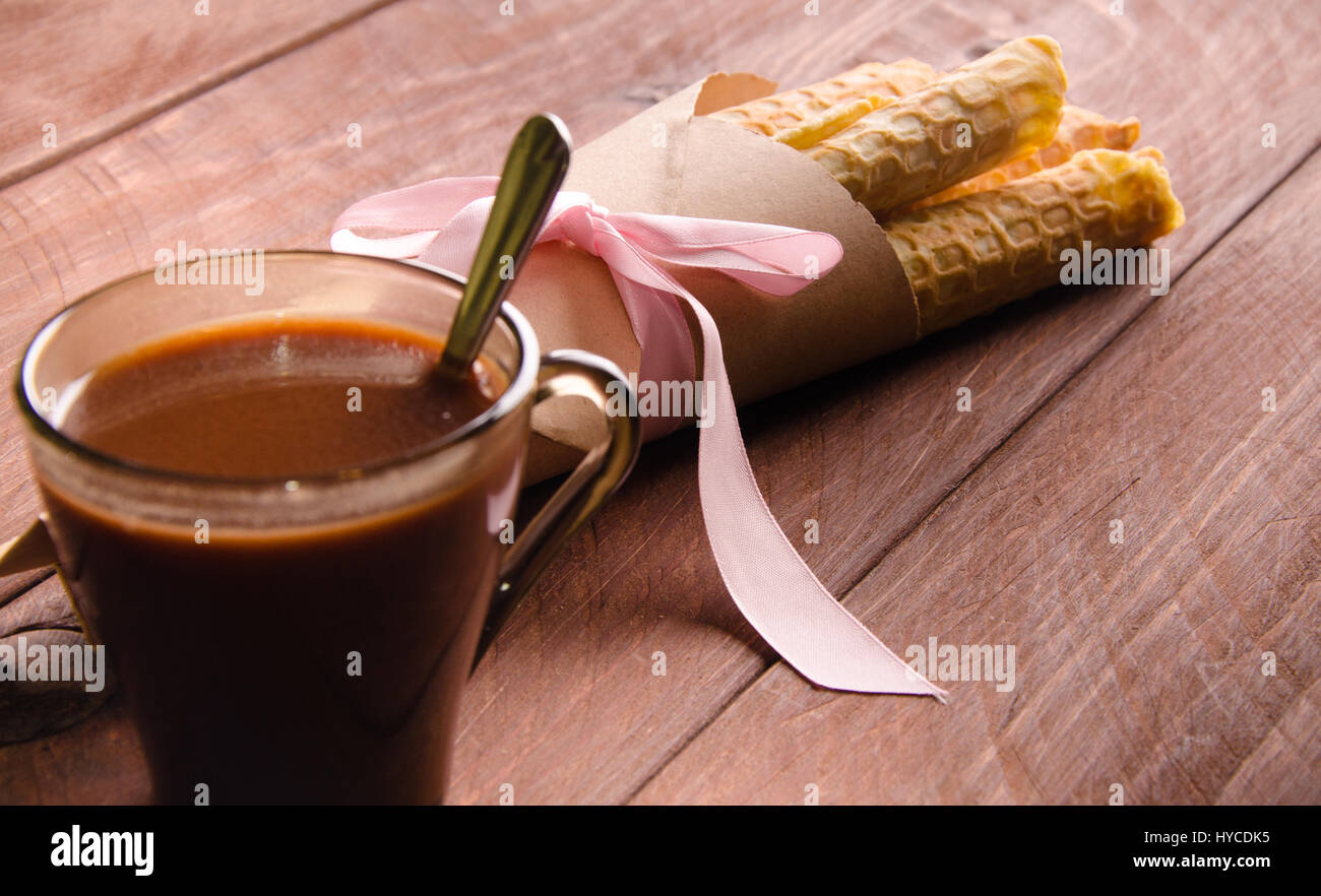 tubular wafer. waffles on wooden boards. a bouquet of waffles Stock ...