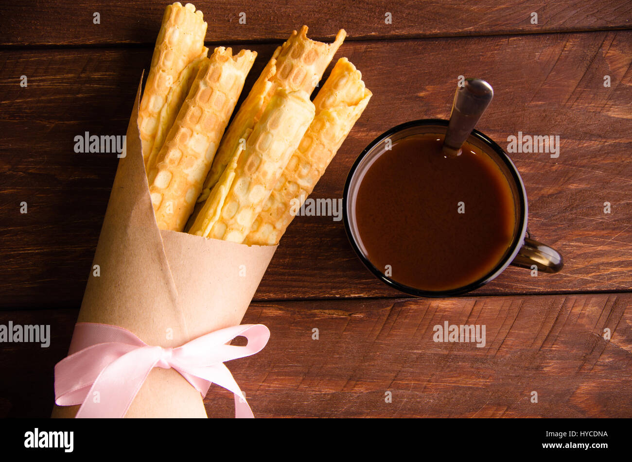 tubular wafer. waffles on wooden boards. a bouquet of waffles Stock ...