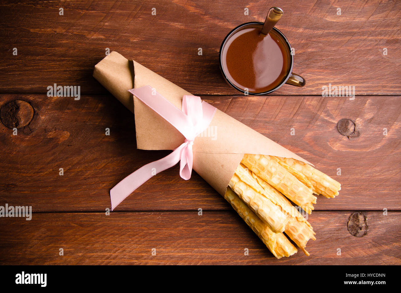 tubular wafer. waffles on wooden boards. a bouquet of waffles Stock ...