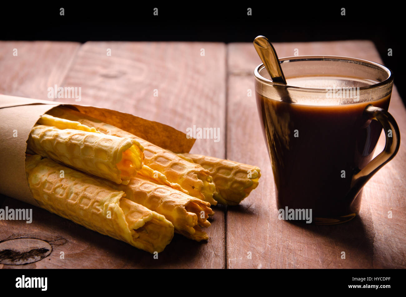 tubular wafer. waffles on wooden boards. a bouquet of waffles Stock ...