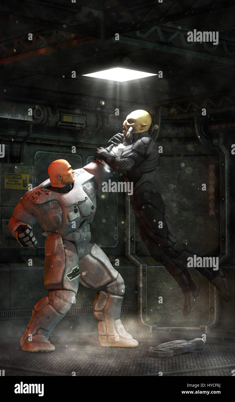 futuristic soldier and alien combat 3D render science fiction ...