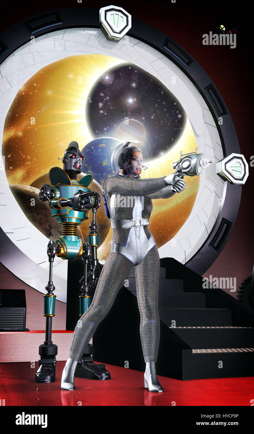 futuristic woman and robot 3D render science fiction illustration Stock ...