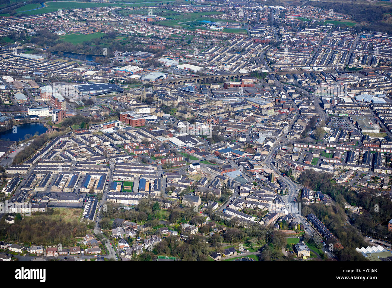 An aerial view of Accrington town centre, North West England, UK Stock ...
