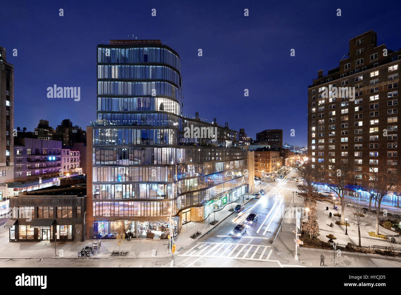 Elevated contextual exterior view at night. One Jackson Square, New ...