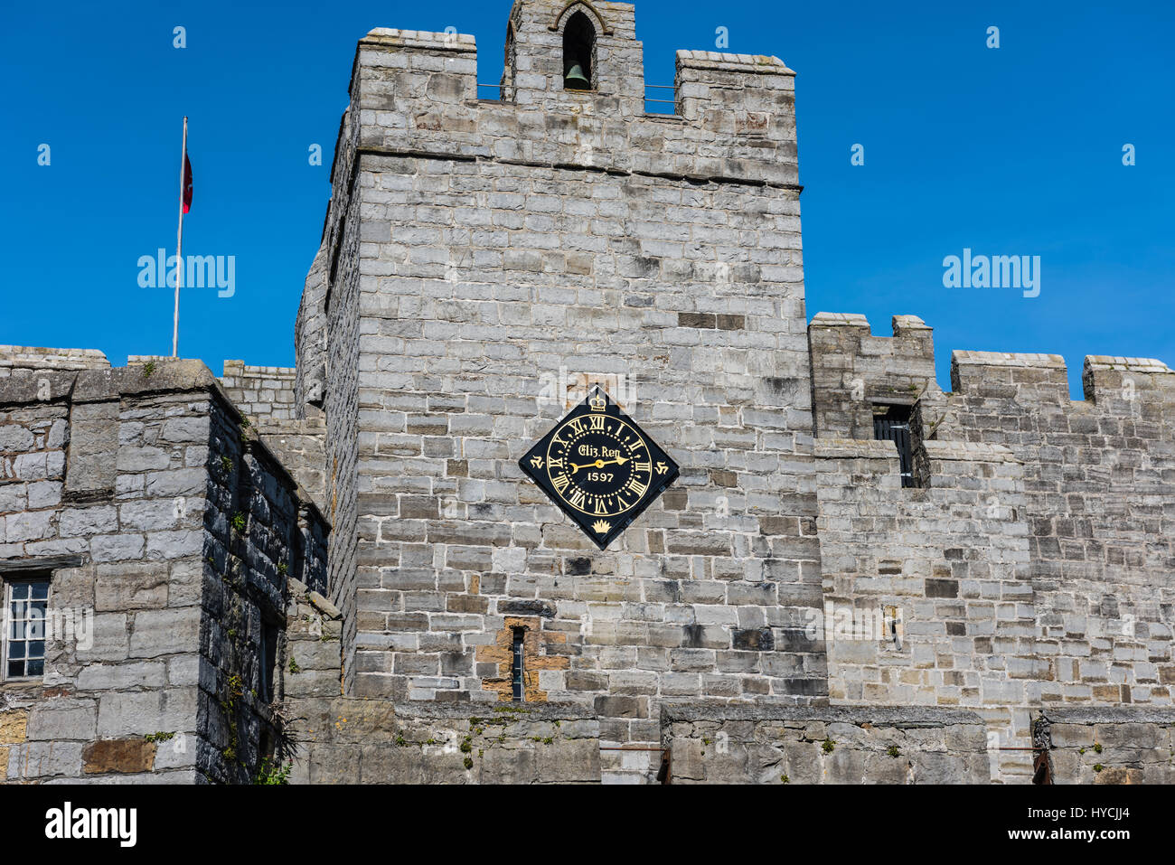 Castle Rushen, Castletown, Isle of Man showing refurbished clock Stock ...