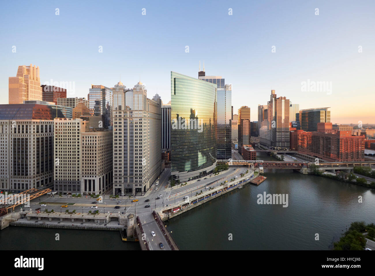 Elevated contextual view at sunset. 333 Wacker Drive, Chicago, United ...