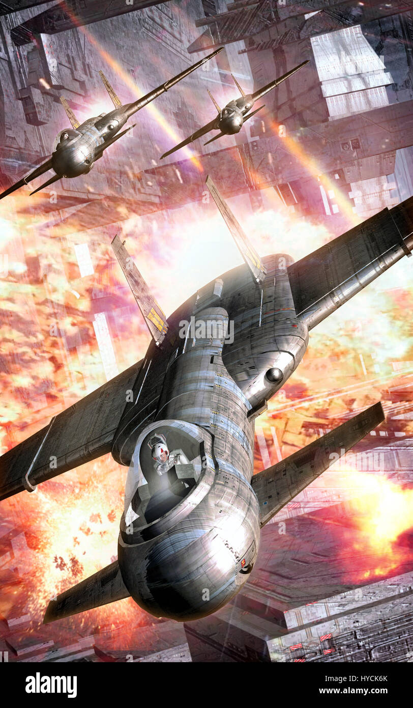 space fighter attack battle station 3D render science fiction ...