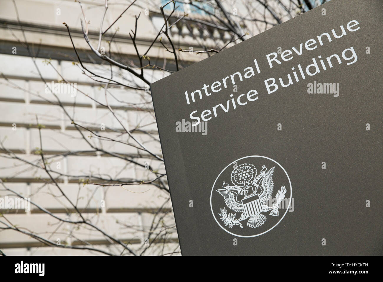 A logo sign outside of the headquarters of the Internal Revenue Service ...