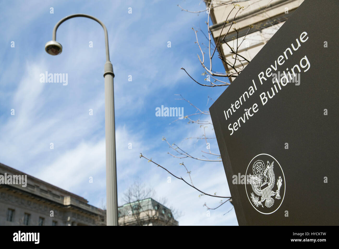 A logo sign outside of the headquarters of the Internal Revenue Service ...