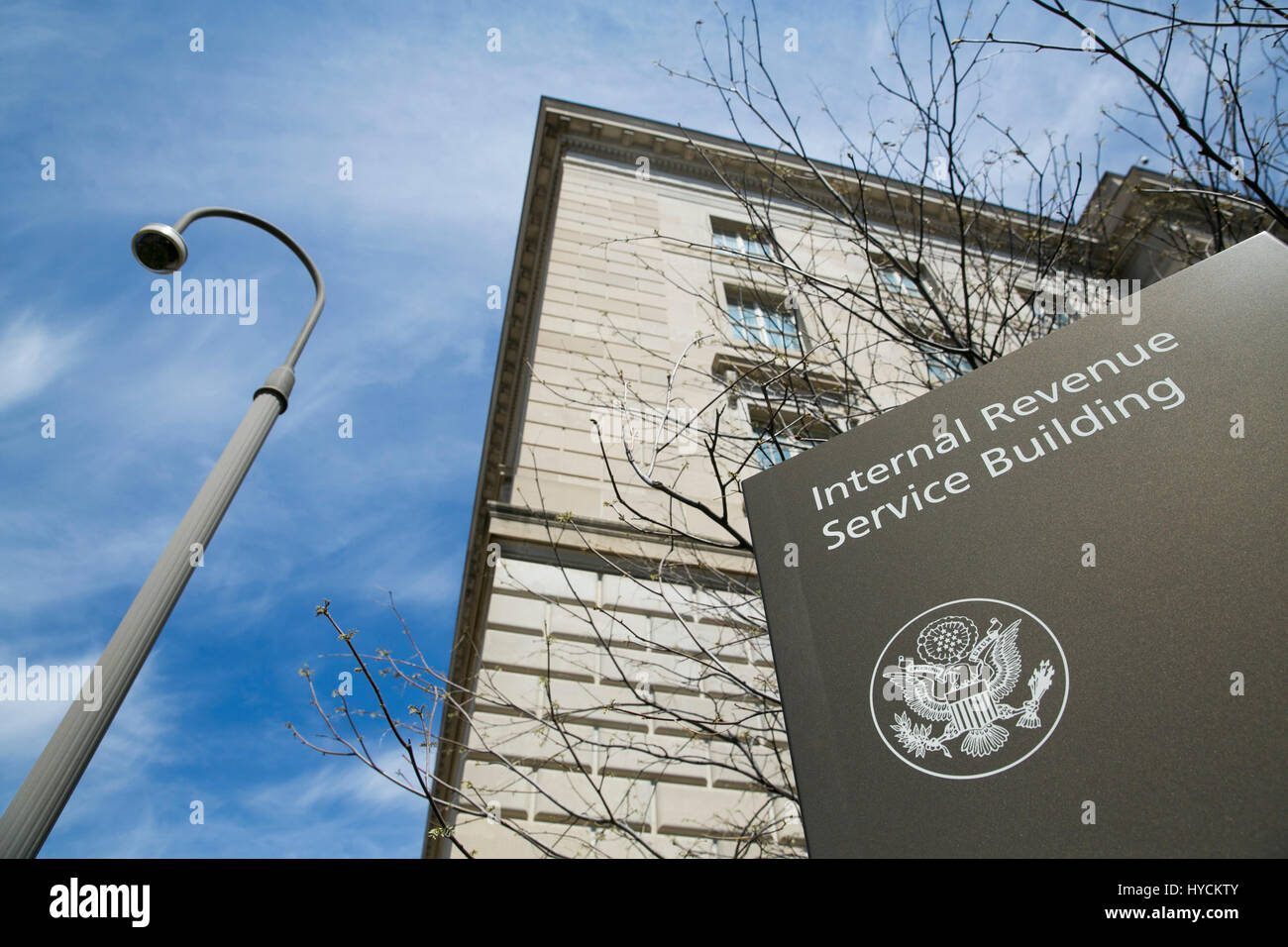 A logo sign outside of the headquarters of the Internal Revenue Service ...