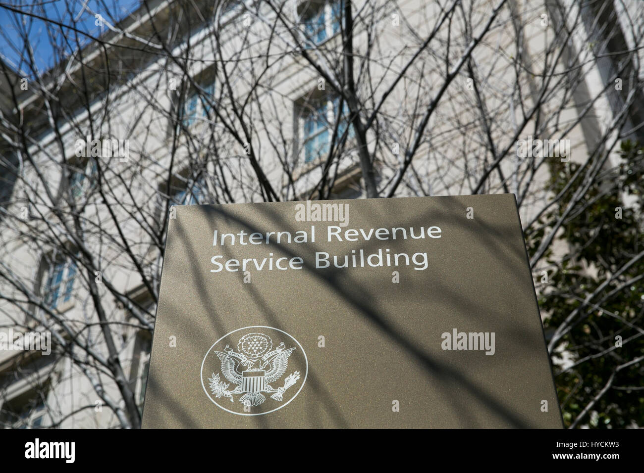 A logo sign outside of the headquarters of the Internal Revenue Service ...