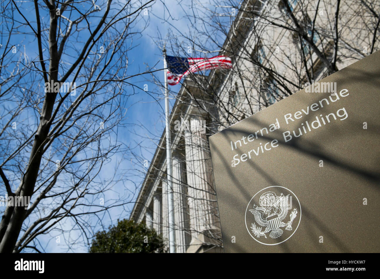 A logo sign outside of the headquarters of the Internal Revenue Service ...
