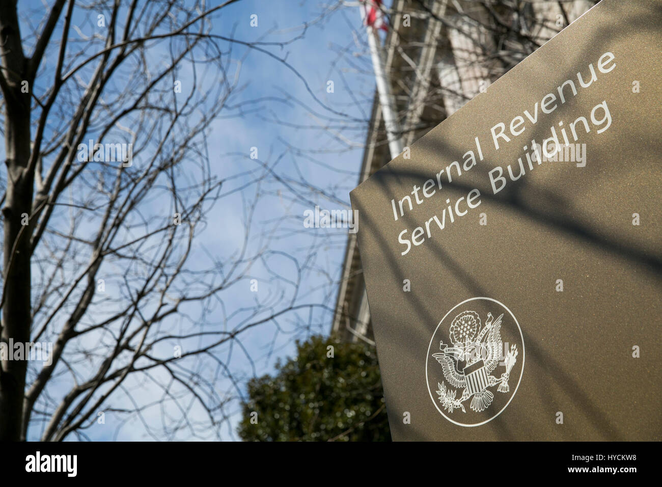 A logo sign outside of the headquarters of the Internal Revenue Service ...