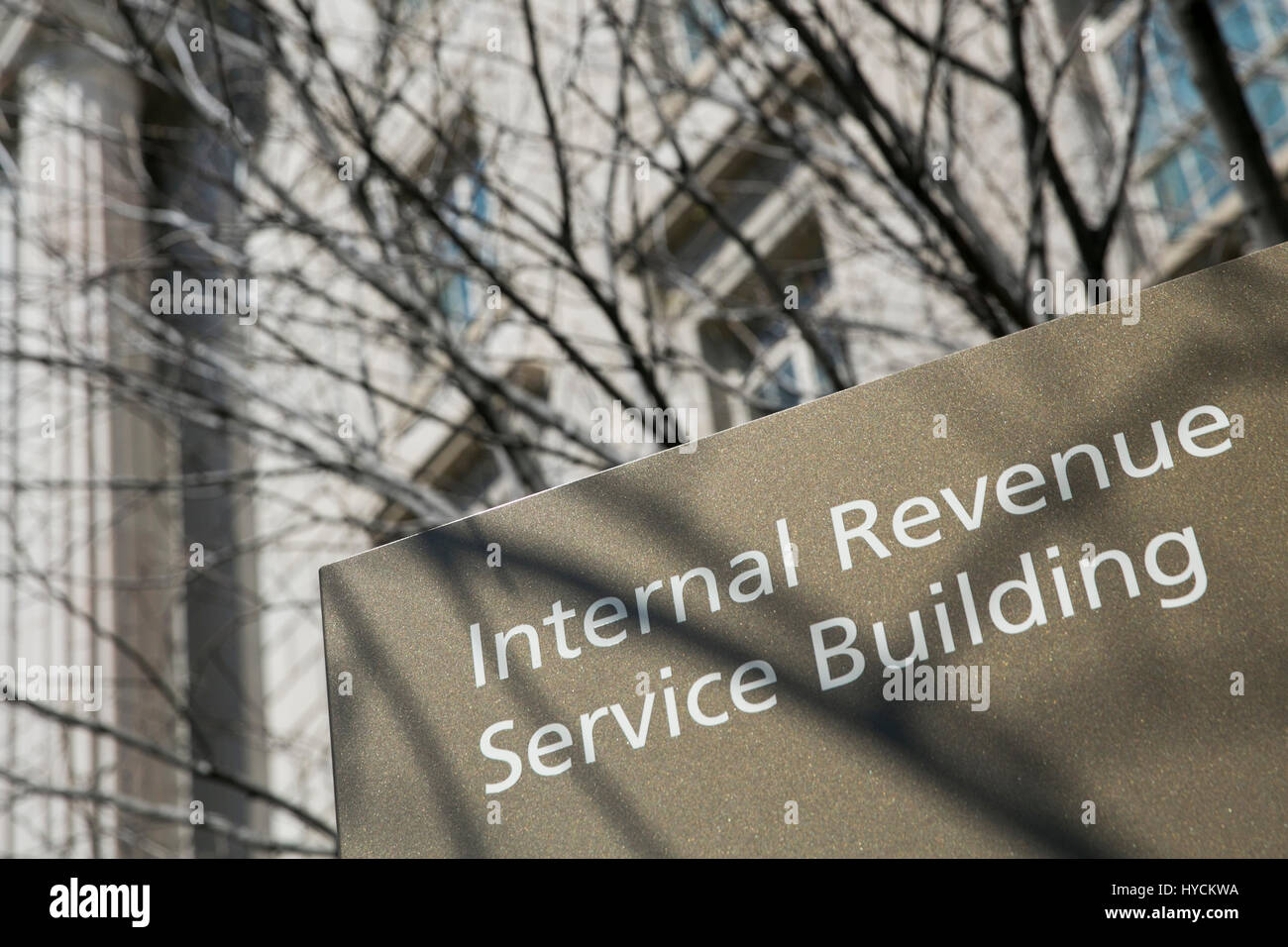 A logo sign outside of the headquarters of the Internal Revenue Service ...