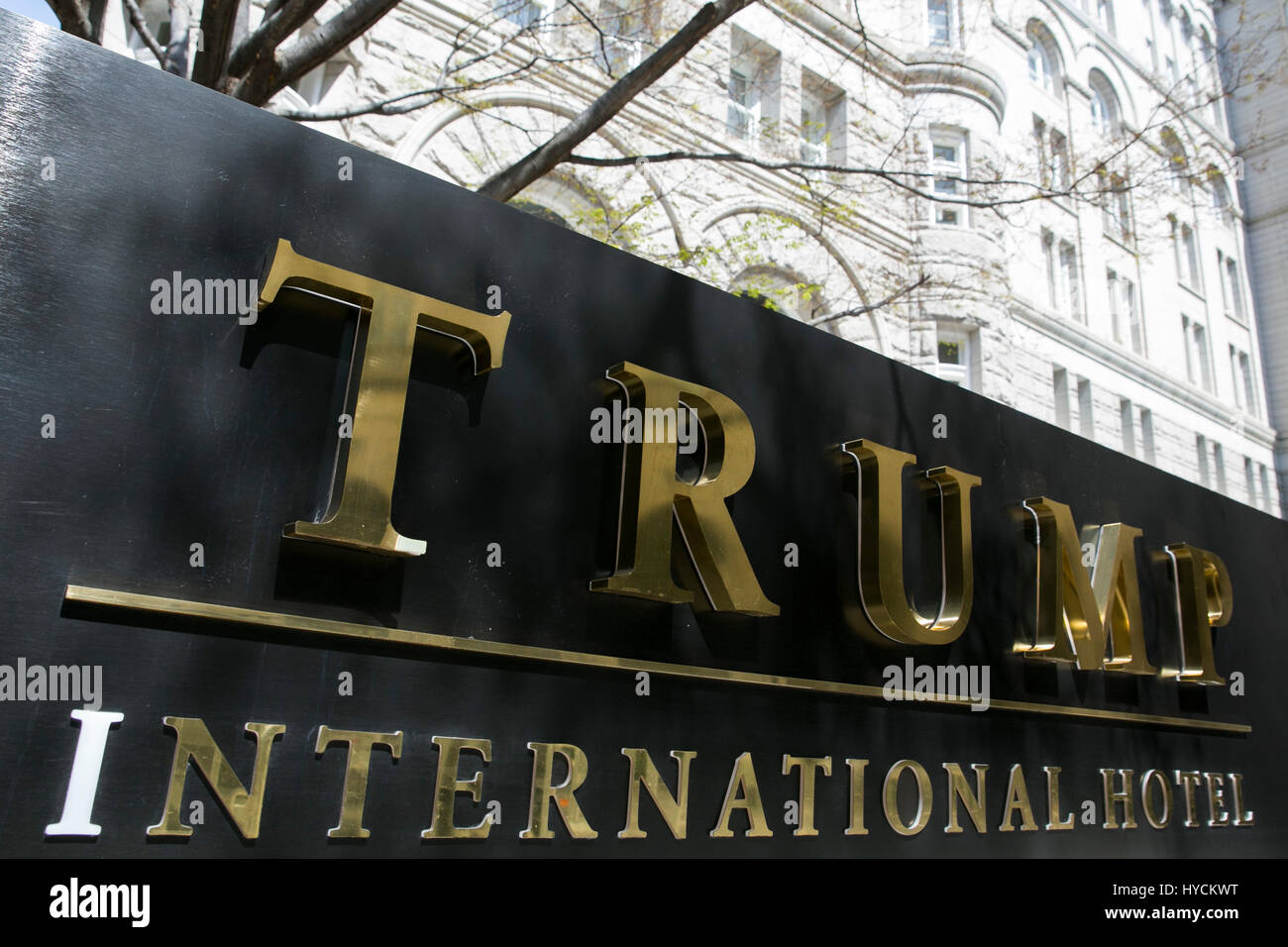 A logo sign outside of the Trump International Hotel in the Old Post ...