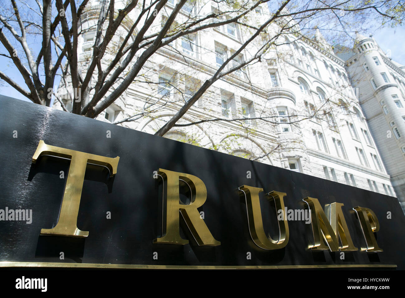 A logo sign outside of the Trump International Hotel in the Old Post ...