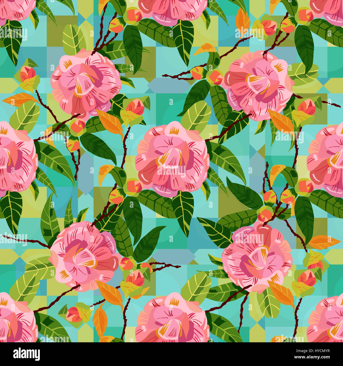 Seamless pattern with tender pink camellia flowers with new buds and ...