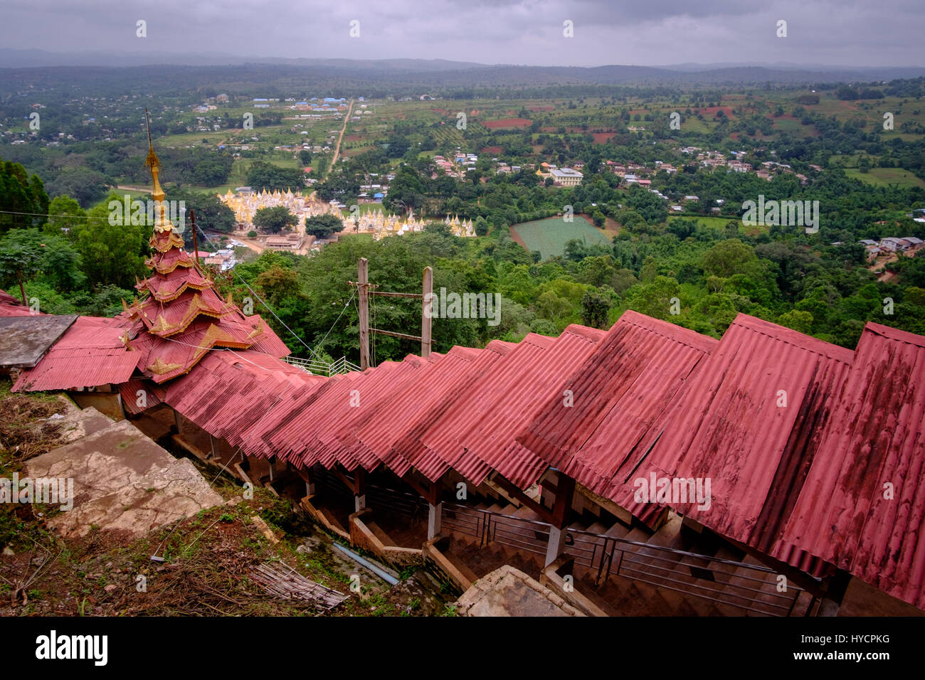 Colorful red roofs at staircase to Pindaya Caves, Myanmar (Burma Stock ...