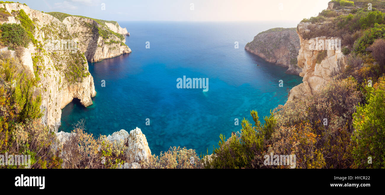 Panoramic landscape view of beautiful ocean cliffs and rock formations ...