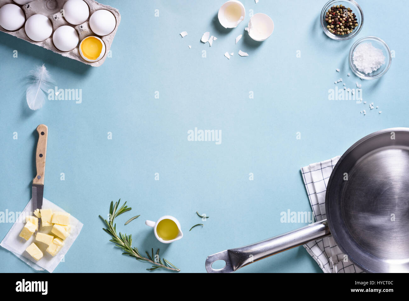 Cooking frame. Ingredients for preparing breakfast with eggs in a ...