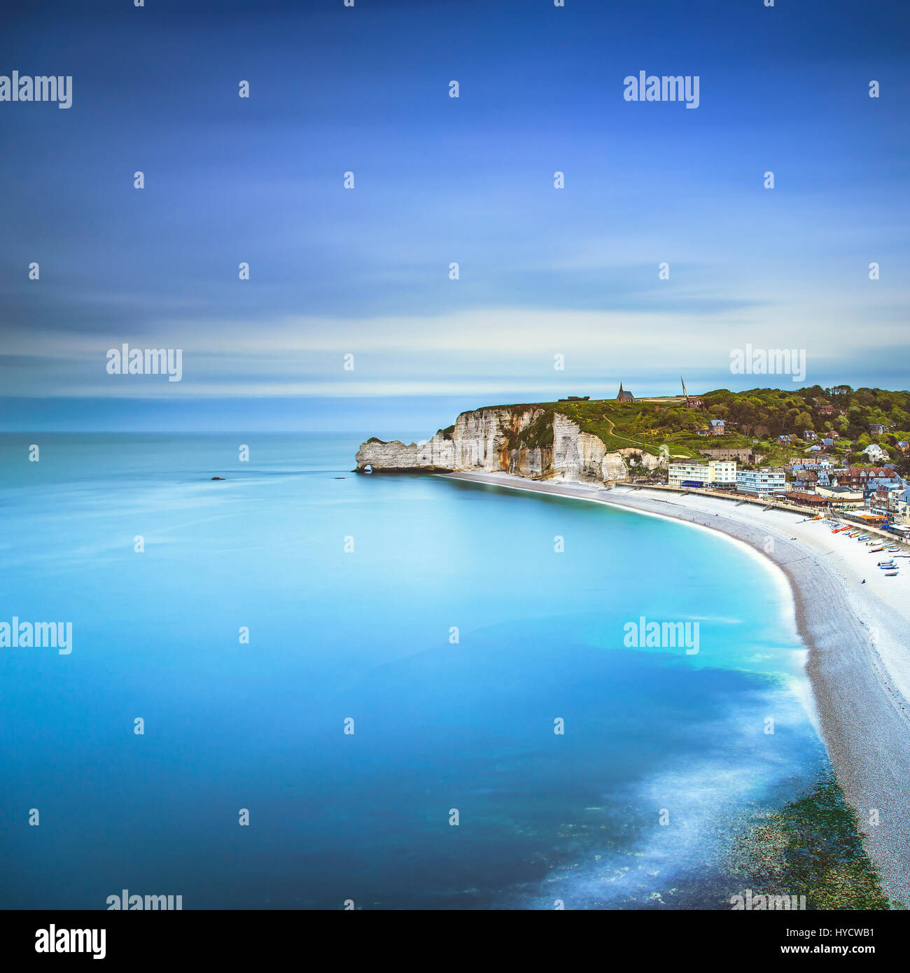 Etretat cliff, rocks, natural arch landmark and blue ocean. Aerial view ...