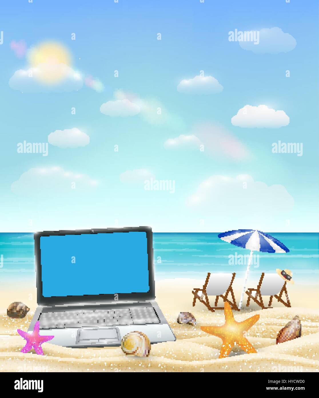 computer laptop on a sand beach with beach chair and bright sea ...