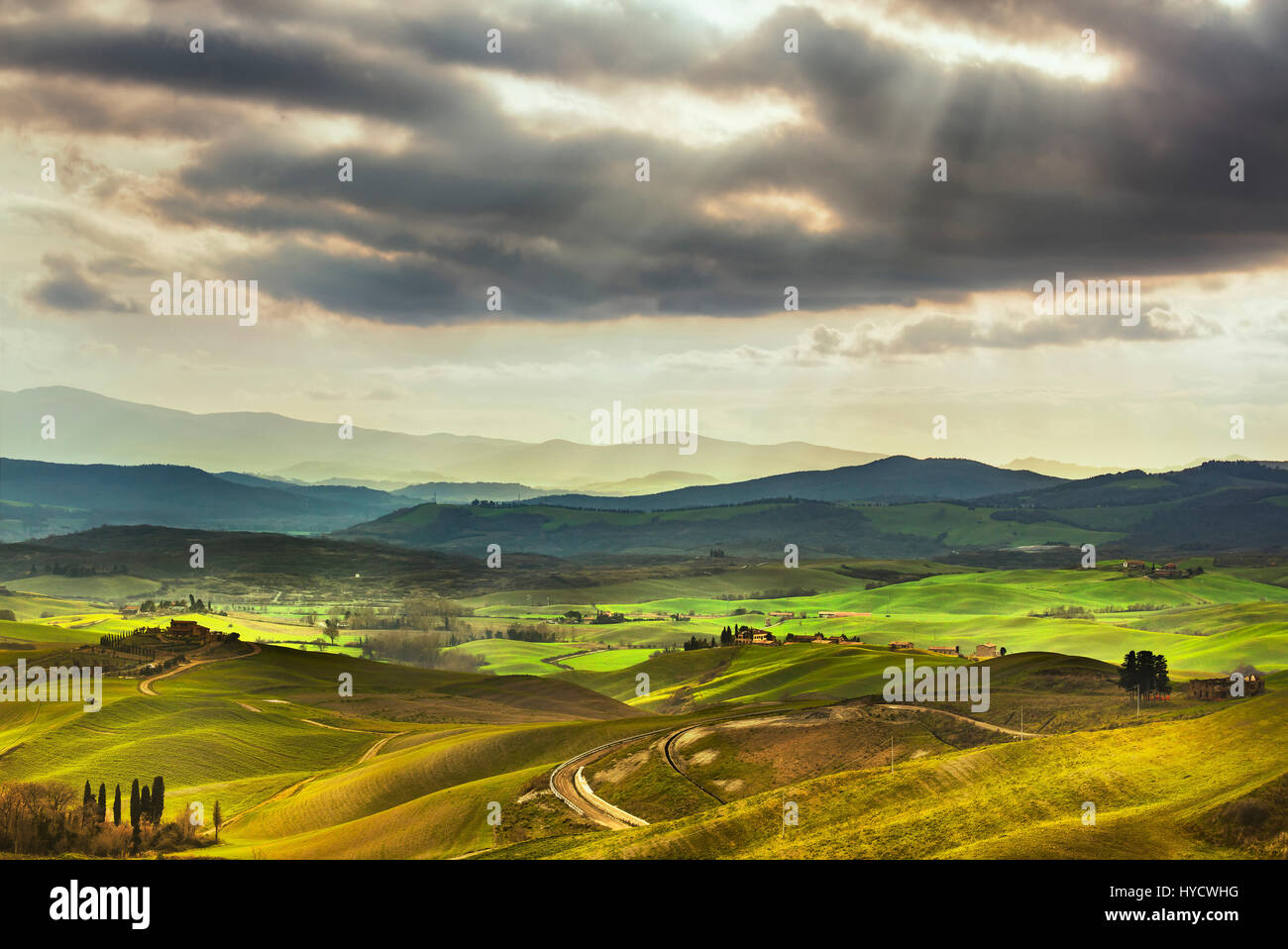 Tuscany spring, rolling hills on sunset. Rural landscape. Green fields ...