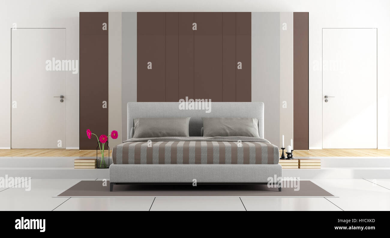 Contemporary master bedroom with closet and two closed door - 3d ...