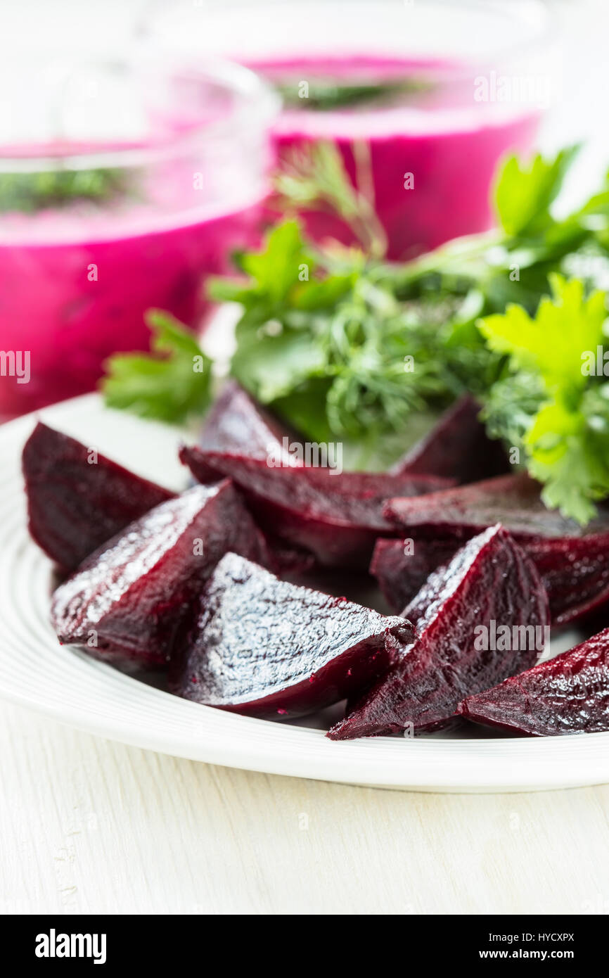 Boiled beetroot cut into pieces and cold soup made with beetroot ...