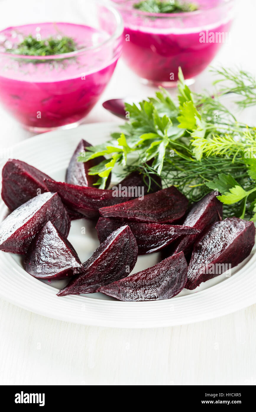 Boiled beetroot cut into pieces and cold soup made with beetroot ...