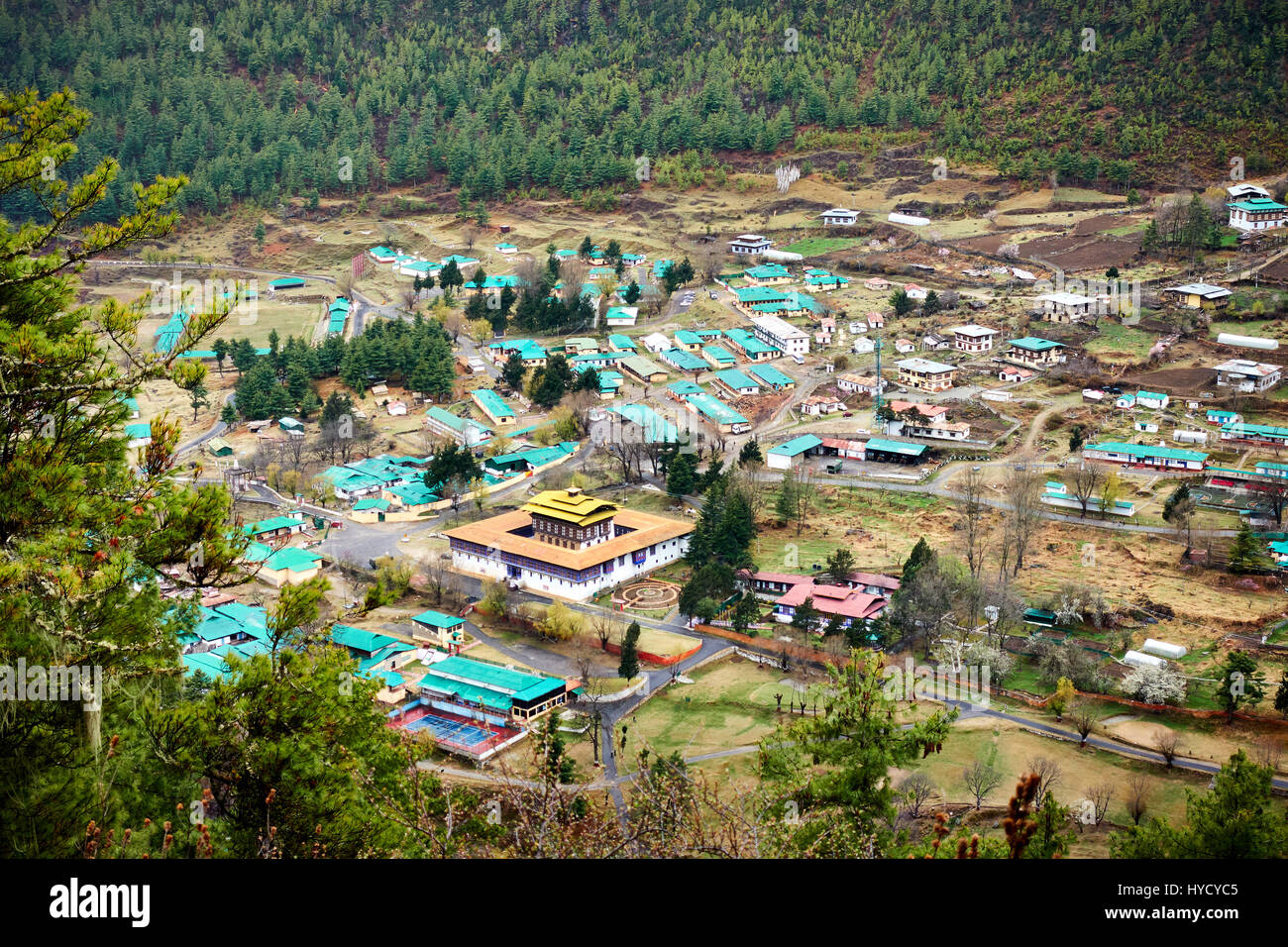 Aerial view of the Haa Bhutanese valley settlement with traditional ...