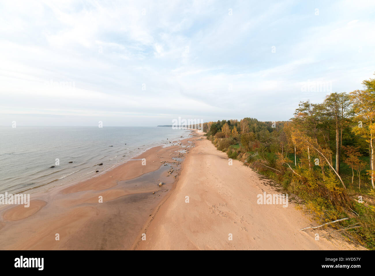 aerial view to the Shoreline of Baltic sea beach with rocks and sand ...