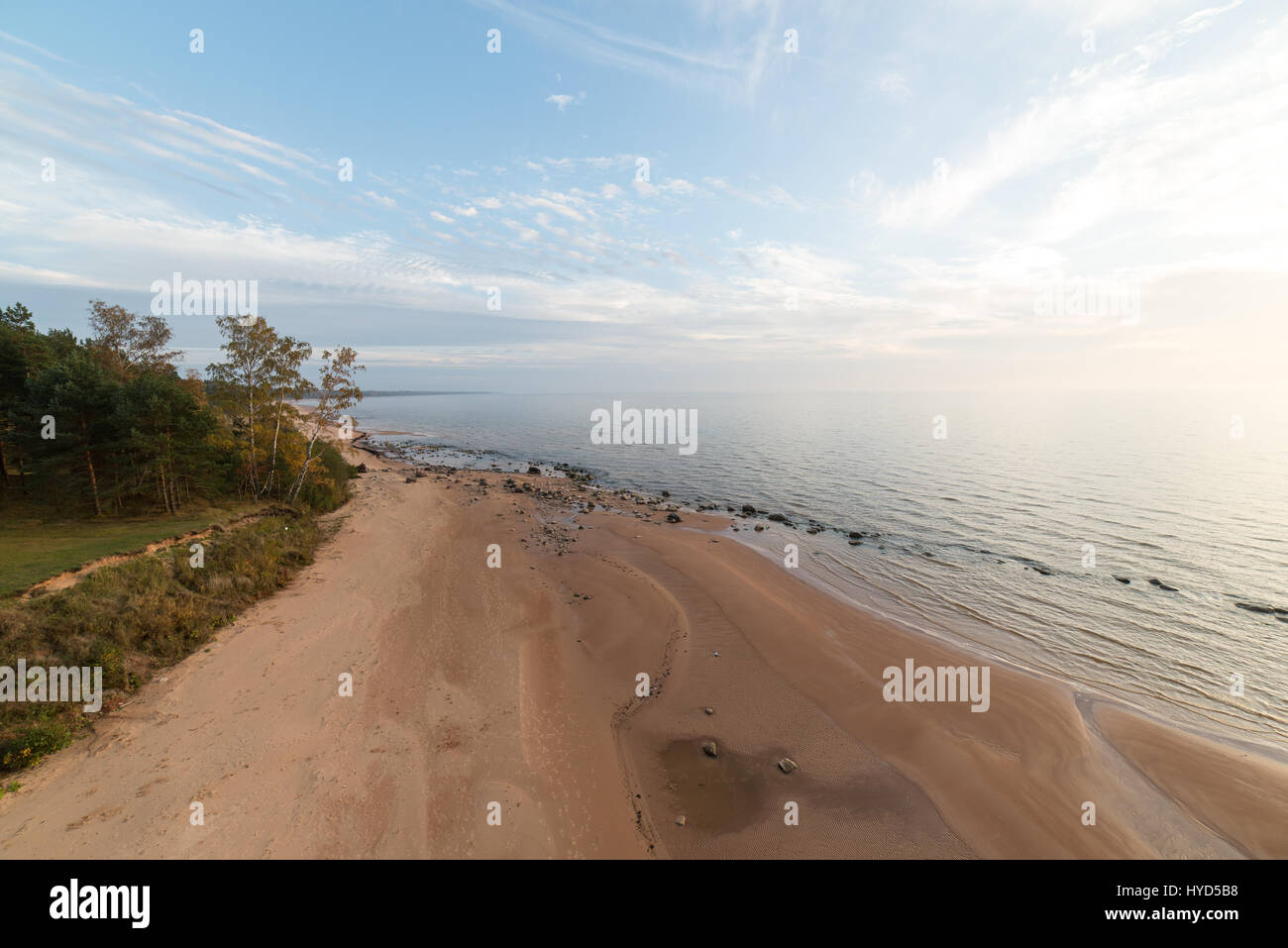 aerial view to the Shoreline of Baltic sea beach with rocks and sand ...