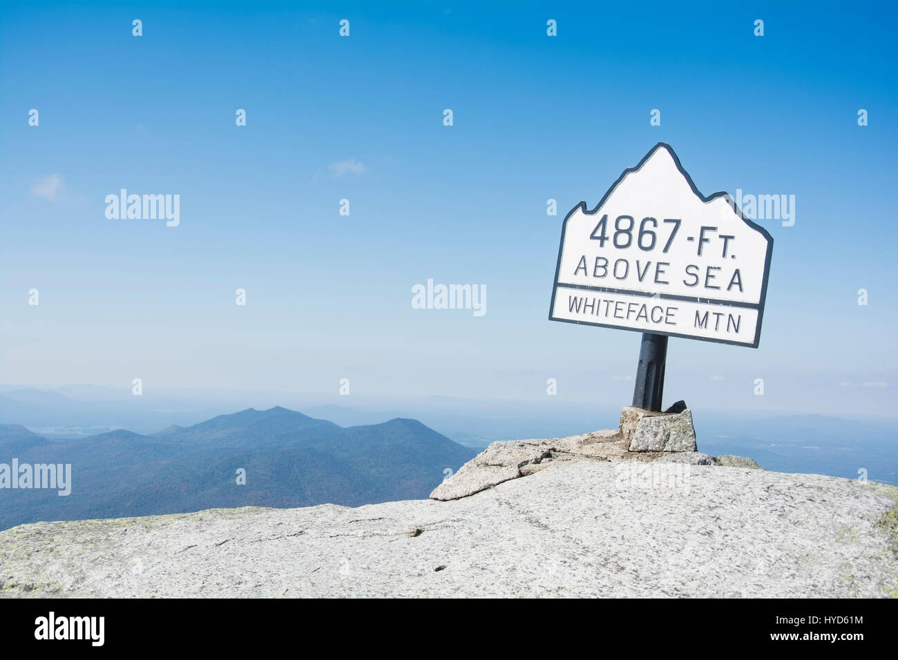 USA, New York State, Wilmington, Sign on Whiteface Mountain summit ...