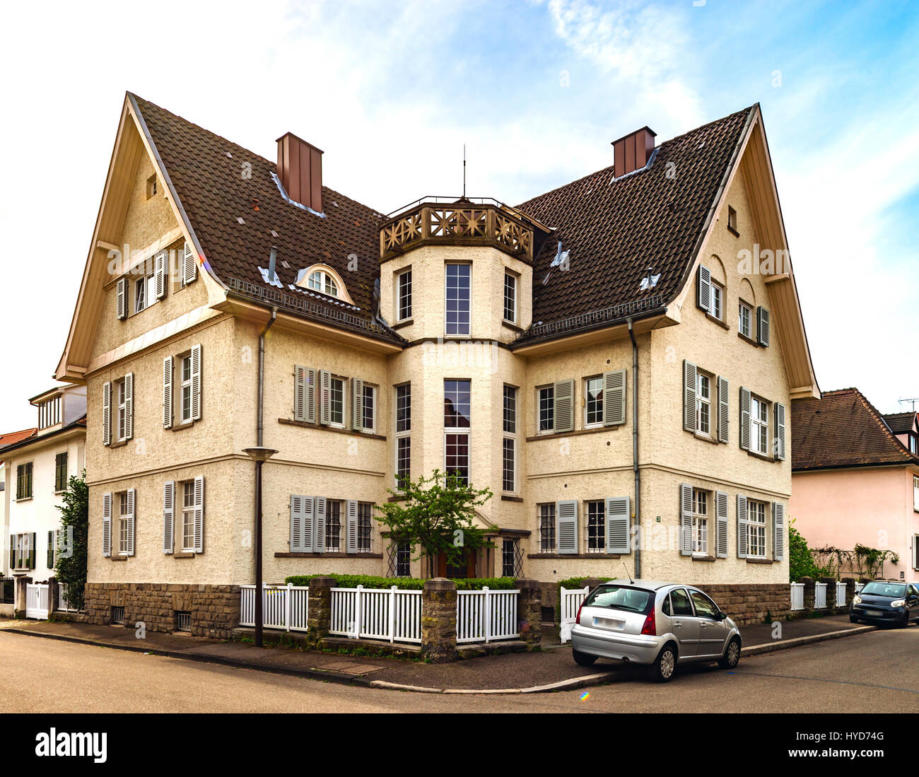 Classic french house in residential district of Strasbourg, blossom ...